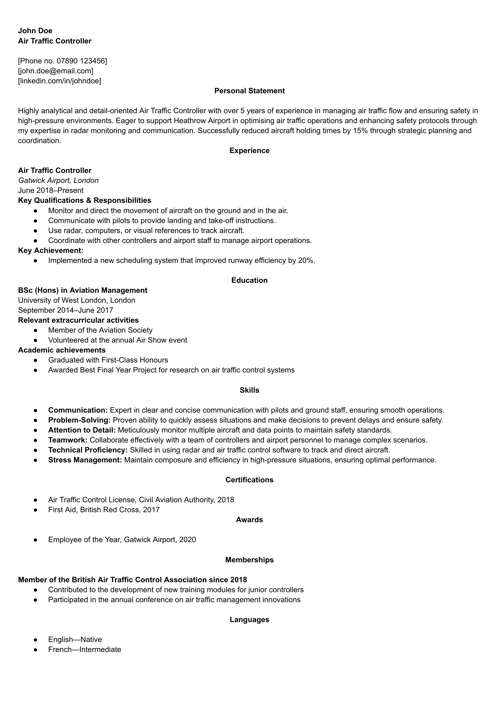 Air Traffic Controller CV Examples & Guide