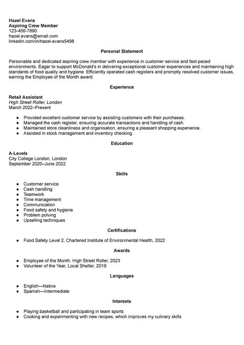 McDonald's CV Example & Full Writing Guide