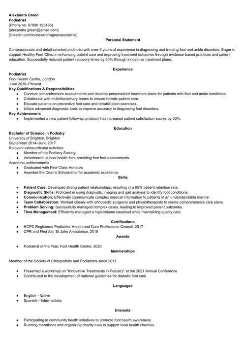 Podiatrist CV Example & Writing Guide